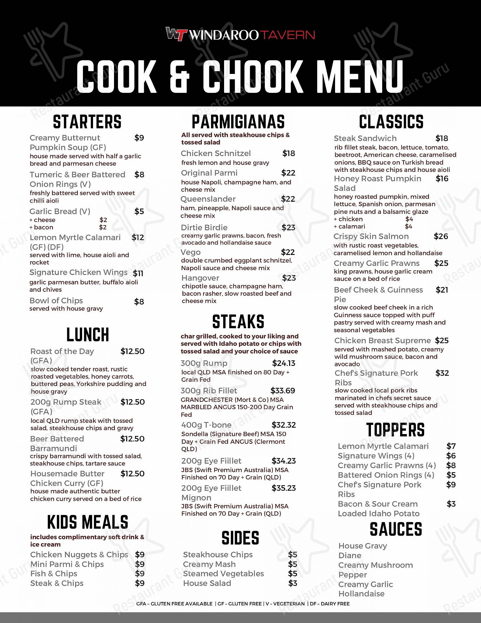 Menu at Windaroo Tavern restaurant, Windaroo, 159-163 Beaudesert ...