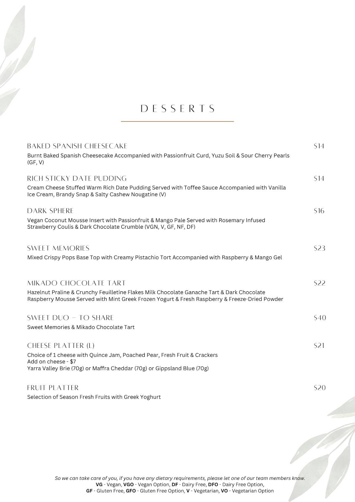 Menu at WINDOWS RESTAURANT, Albert Park