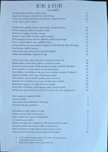 Menu at Wine and Brine restaurant, Moira