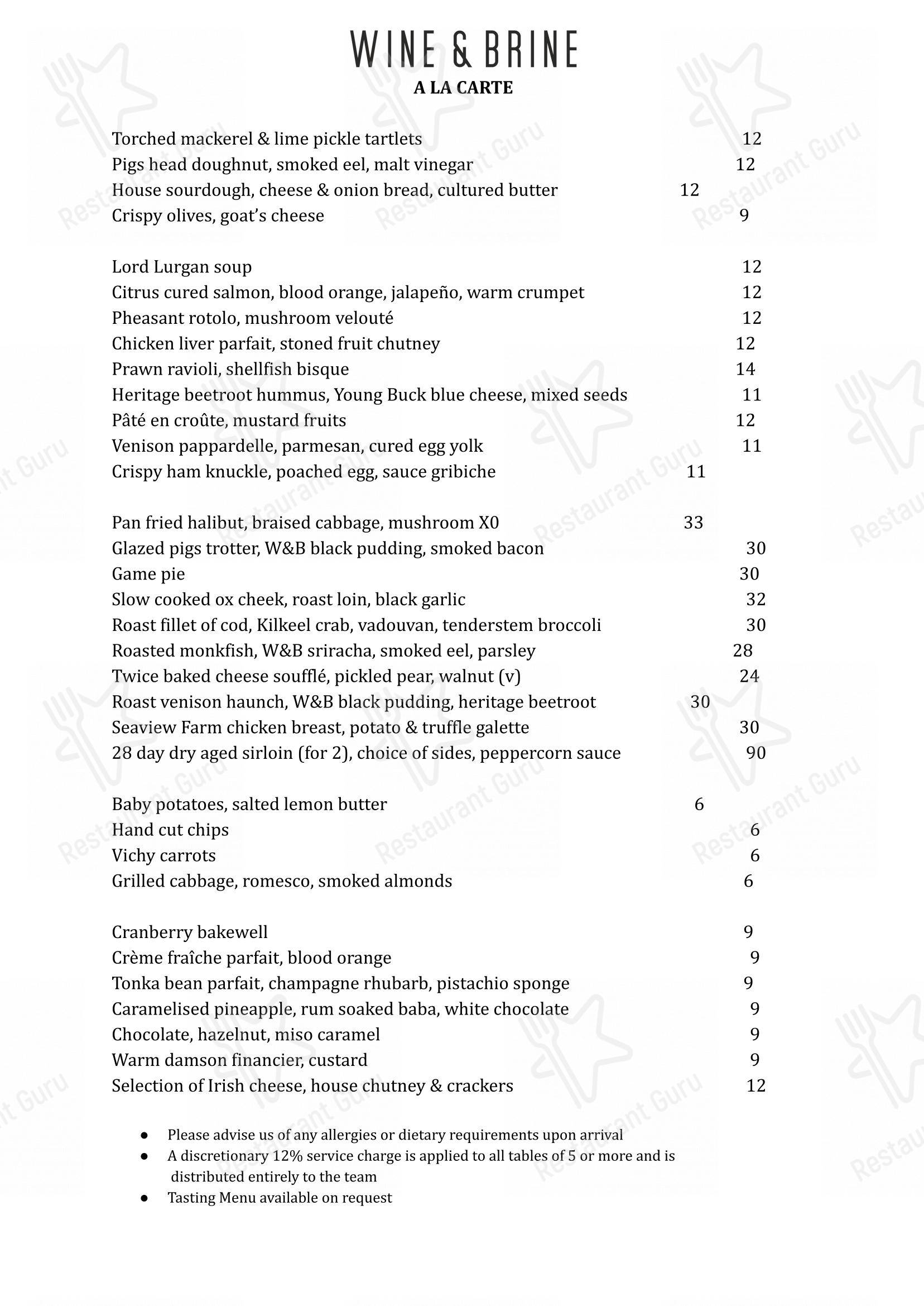 Menu at Wine and Brine restaurant, Moira