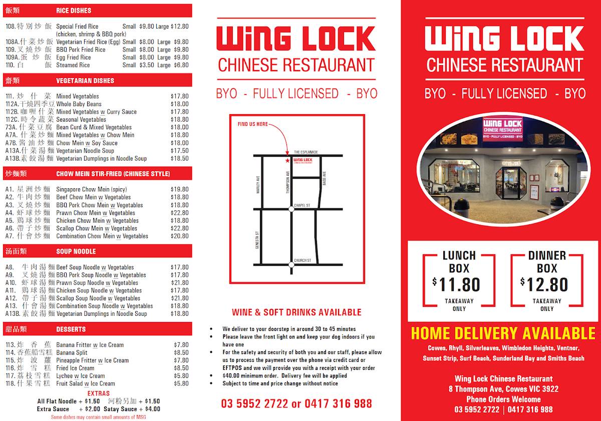 Menu at Wing Lock Restaurant, Cowes