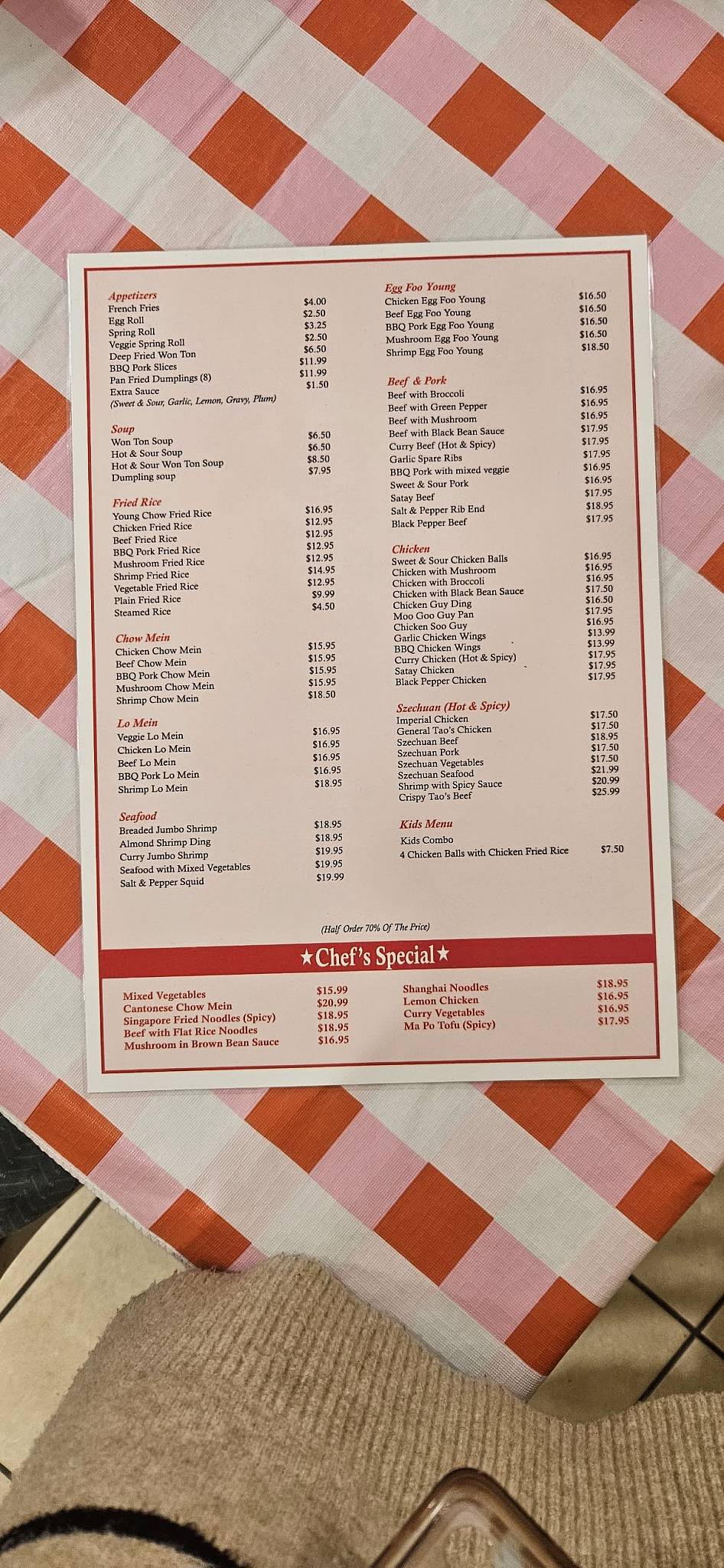 Menu at Winners restaurant, Fredericton