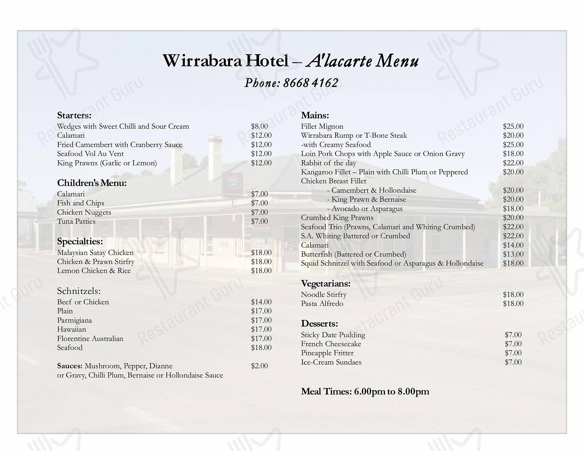 Menu at Wirrabara Roadhouse & Cafe, Wirrabara