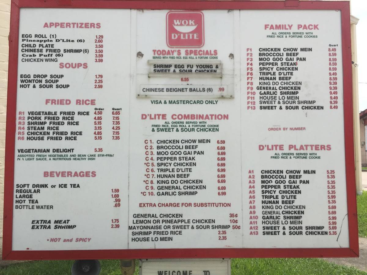 Menu at Wok D'Lite restaurant, Lake Charles