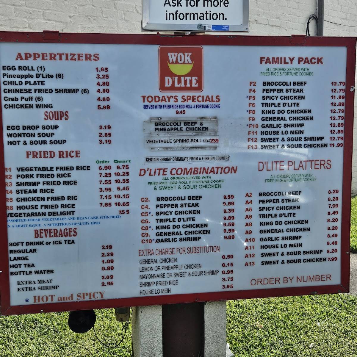 Menu at Wok D'Lite restaurant, Lake Charles