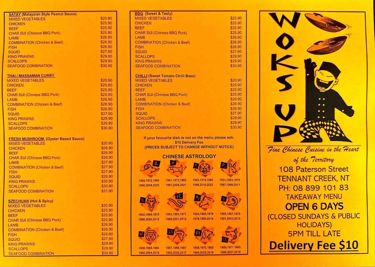 Menu at Woks Up restaurant, Tennant Creek