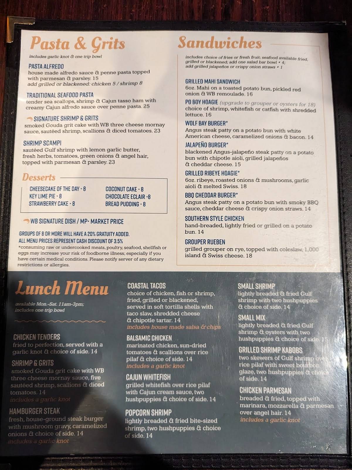 Menu at Wolf Bay Restaurant at Foley, Foley, Miflin Rd