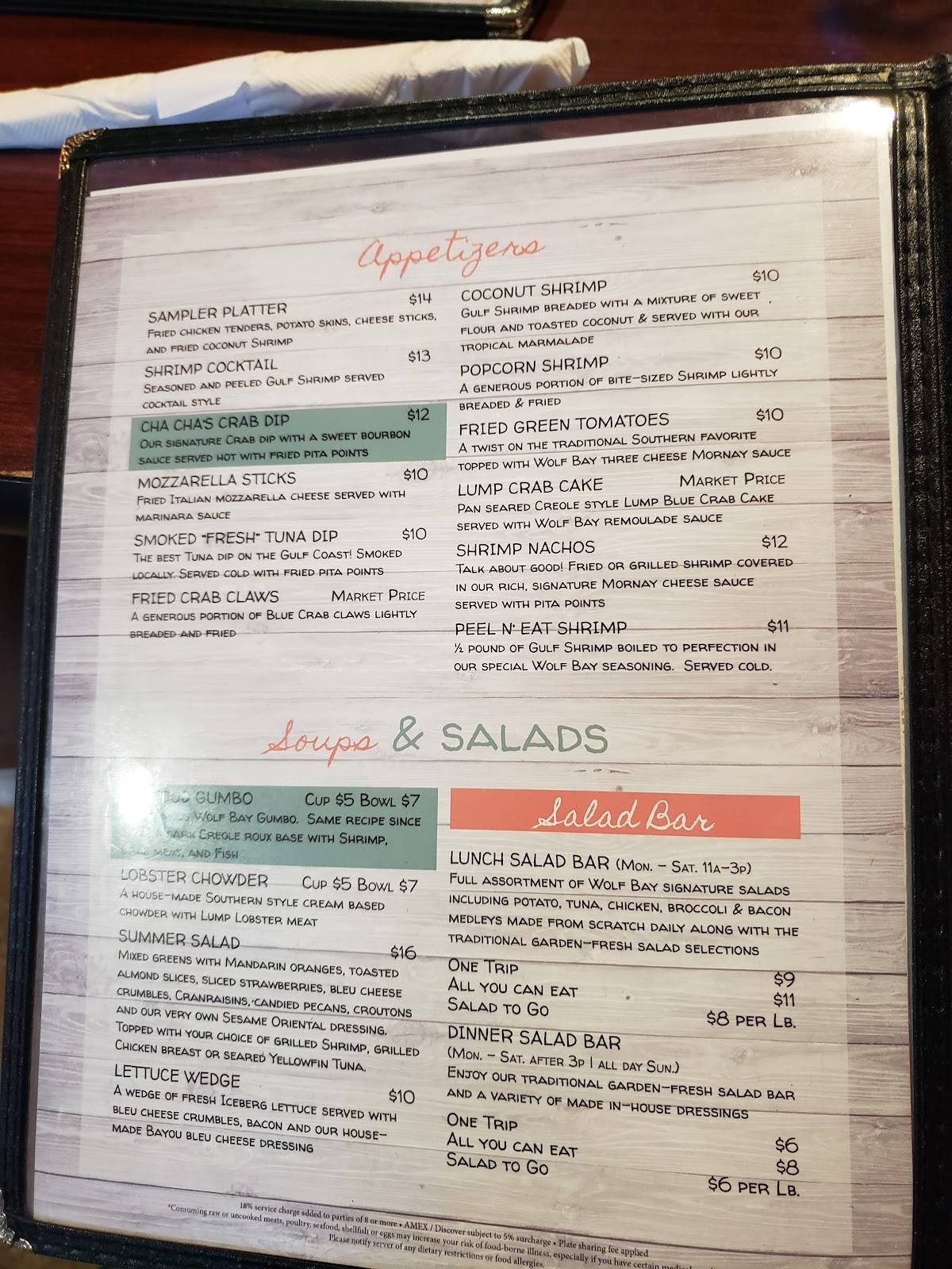 Menu at Wolf Bay Restaurant at Foley, Foley, Miflin Rd