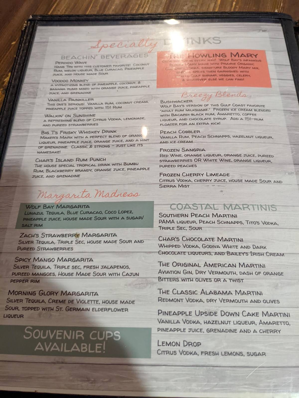 Menu at Wolf Bay Restaurant at Foley, Foley, Miflin Rd