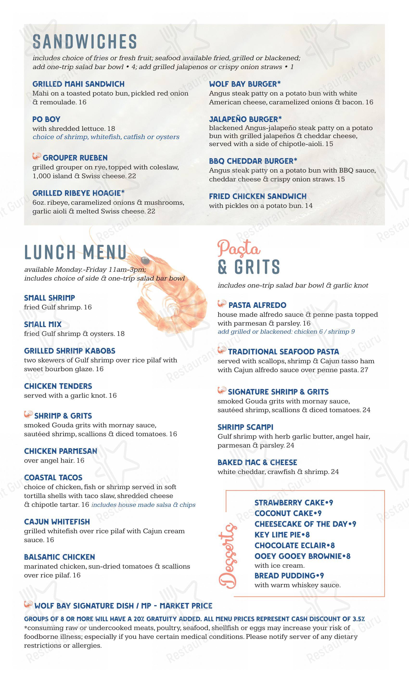 Menu at Wolf Bay Restaurant at Foley, Foley, Miflin Rd