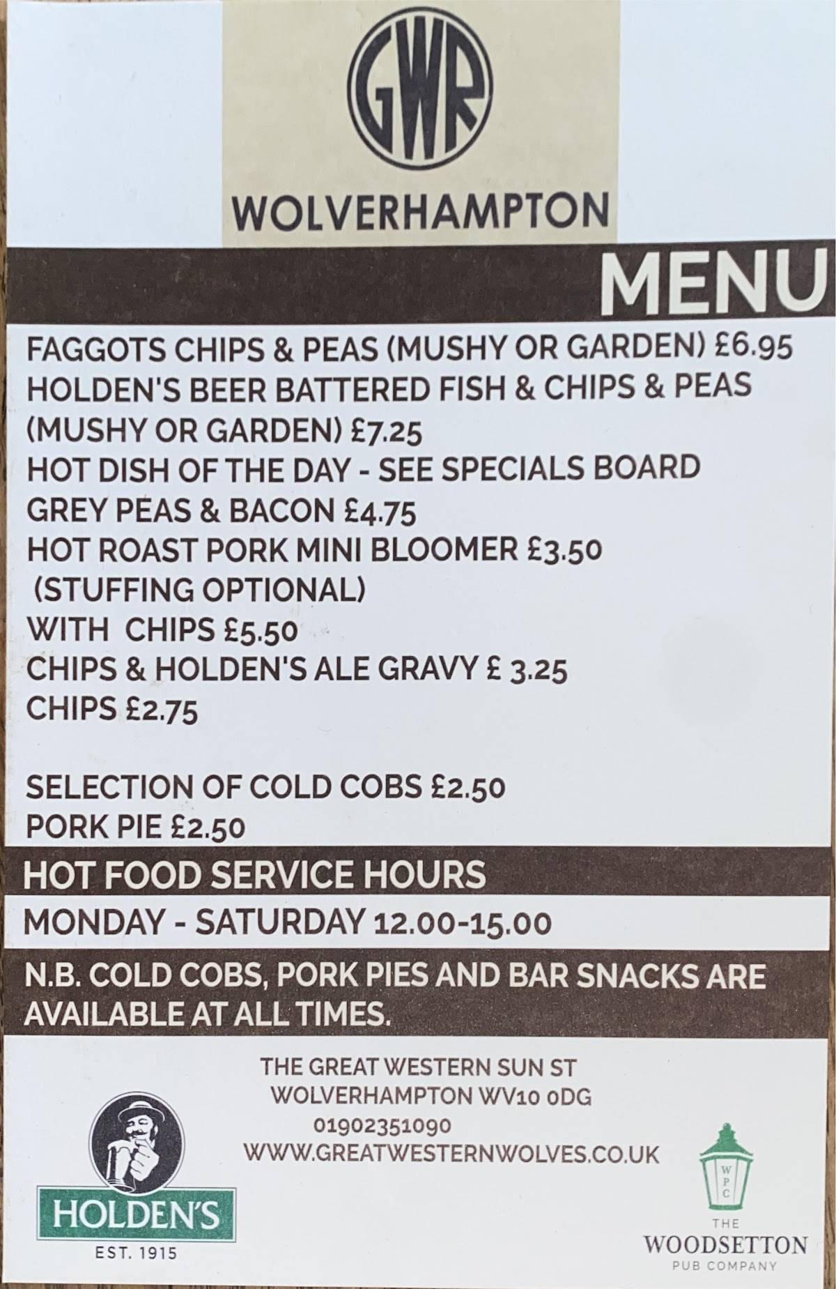 Menu at The Great Western pub & bar, Wolverhampton, Corn Hill