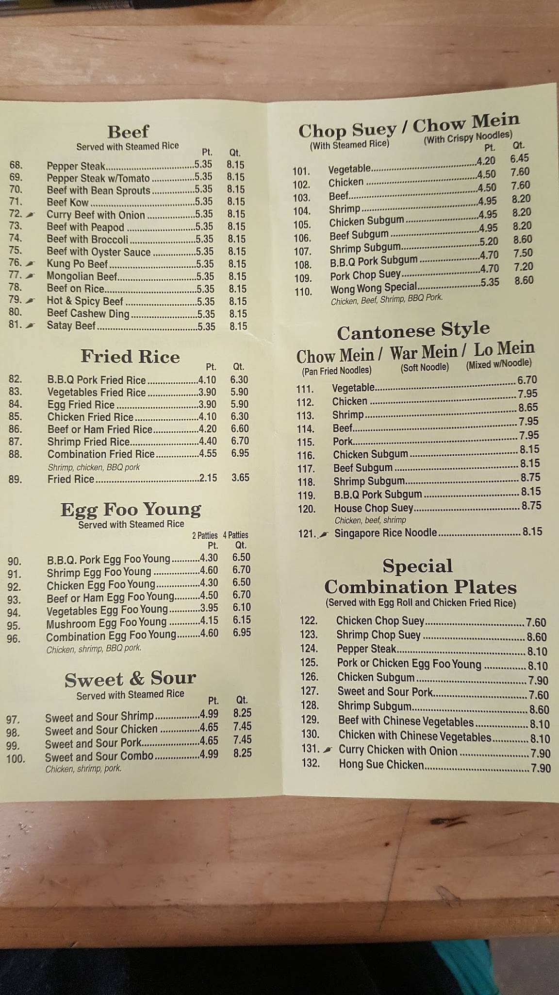 Menu at Wong Wong Chinese Restaurant, Rockford