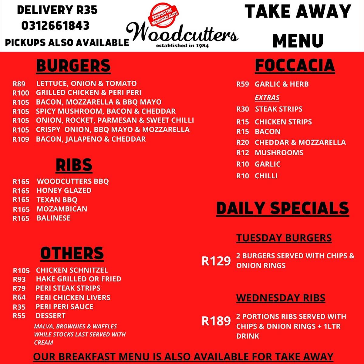Menu at Woodcutters Restaurant, Durban