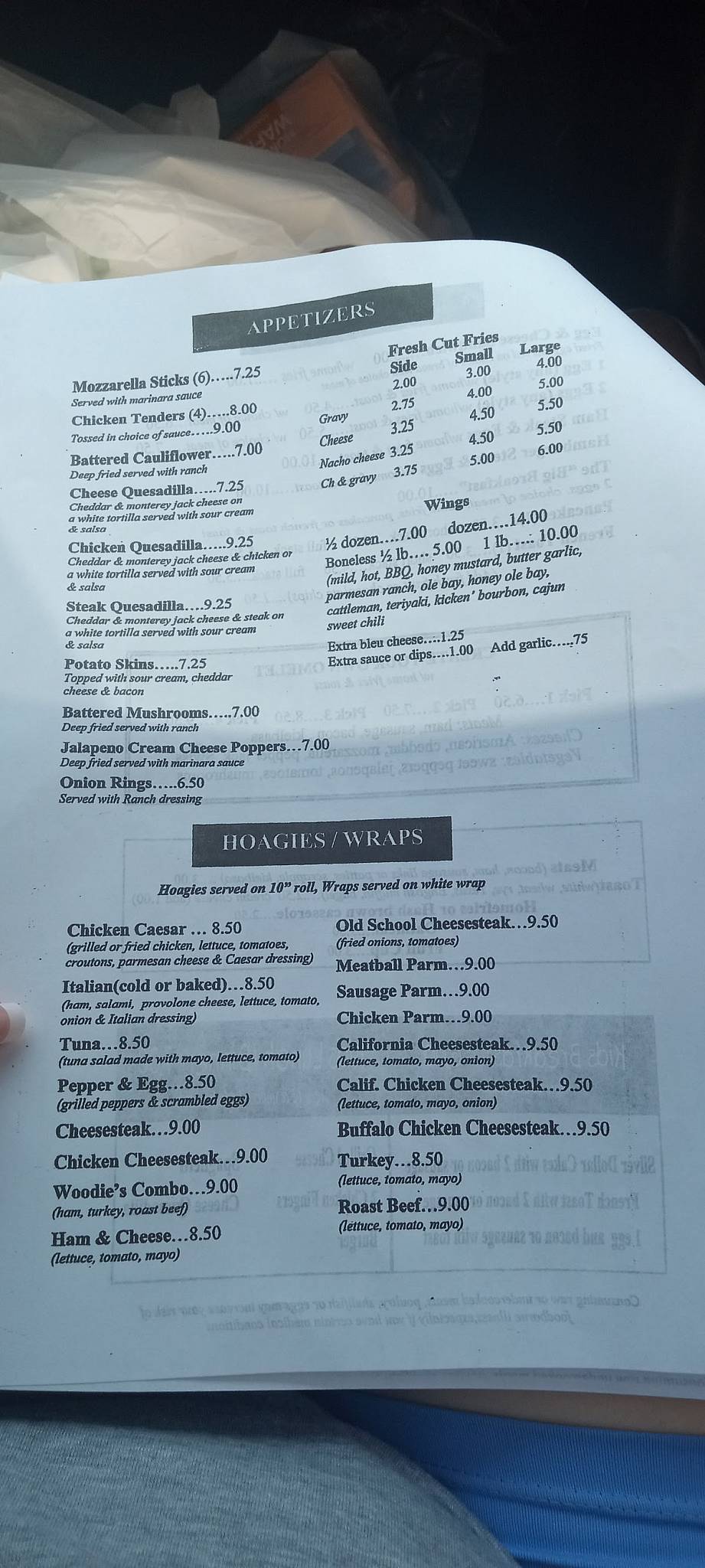 Menu at Woodie's Luncheonette restaurant, Freeland