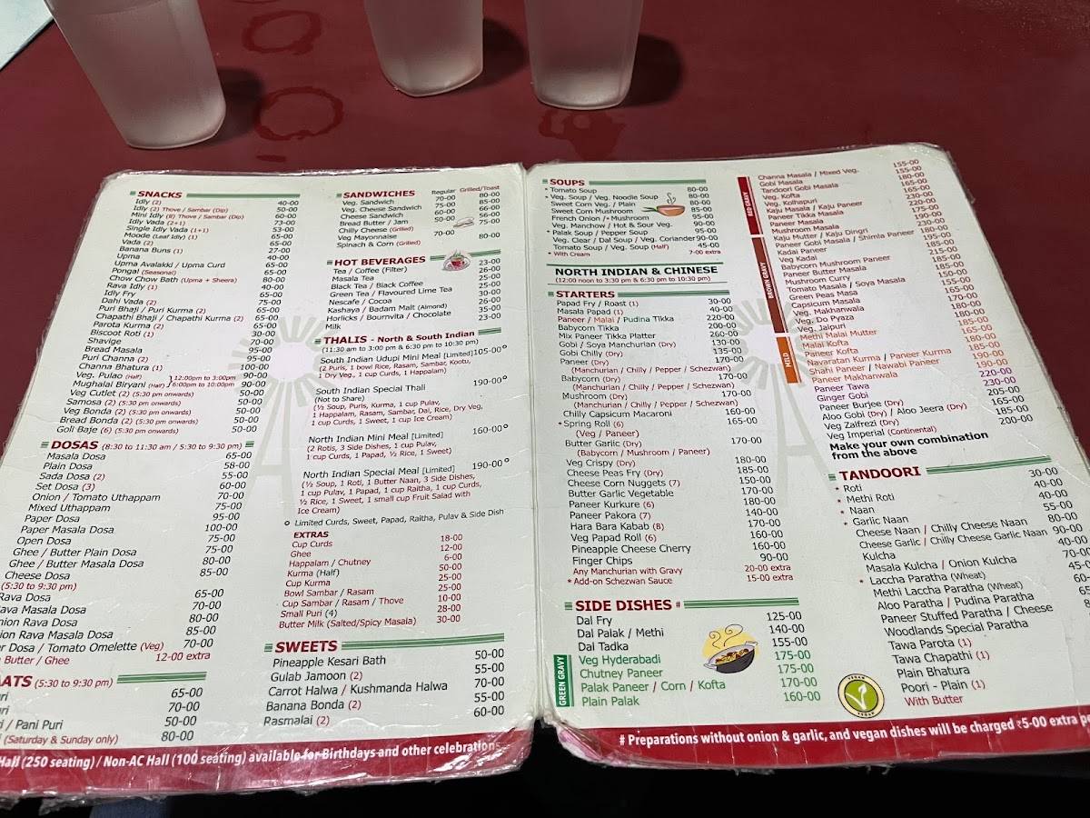 Menu at Woodlands Restaurant, Udupi, Dr. U. R. RAO Complex