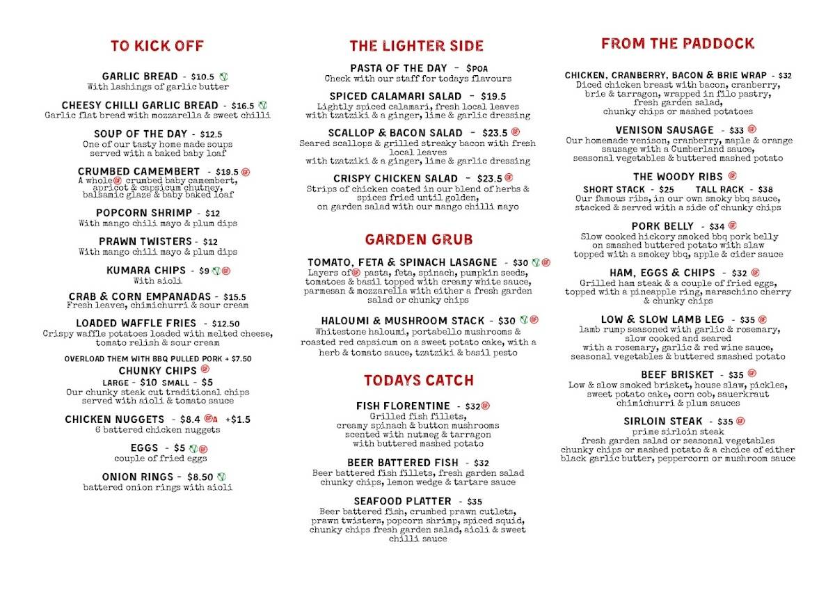 Menu at Woodstock Greymouth restaurant, Greymouth
