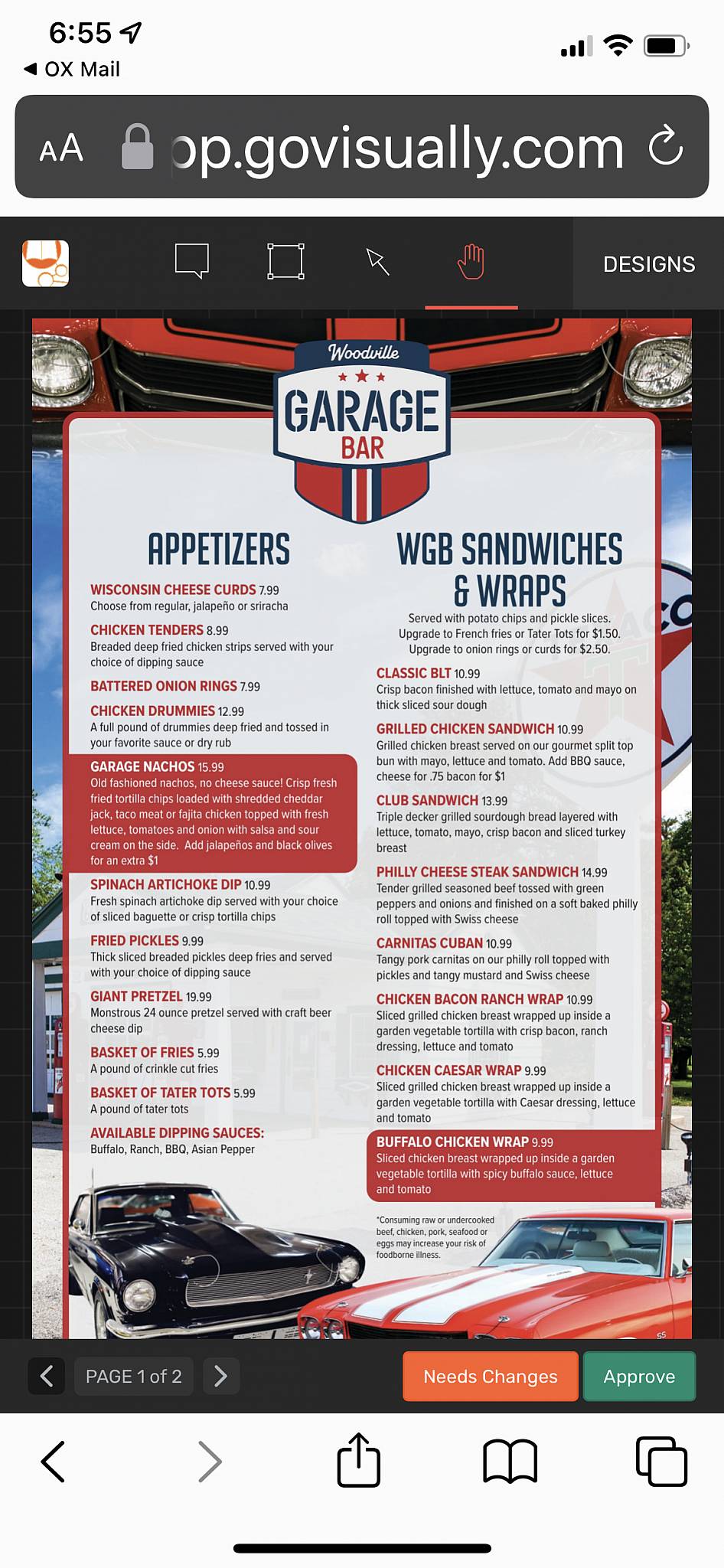 Menu at Woodville GarageBar, Woodville