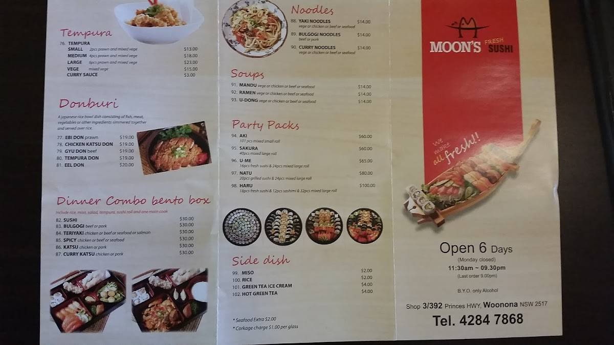 Menu at Moon Sushi restaurant, Woonona