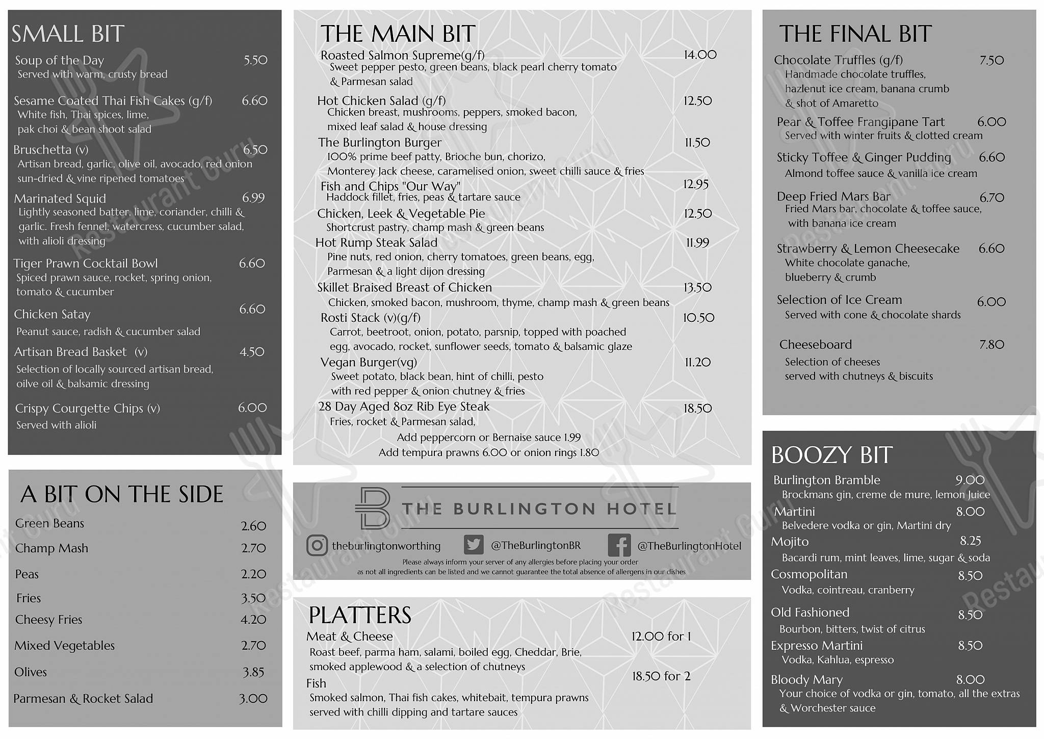 Menu at The Burlington Hotel restaurant, Worthing