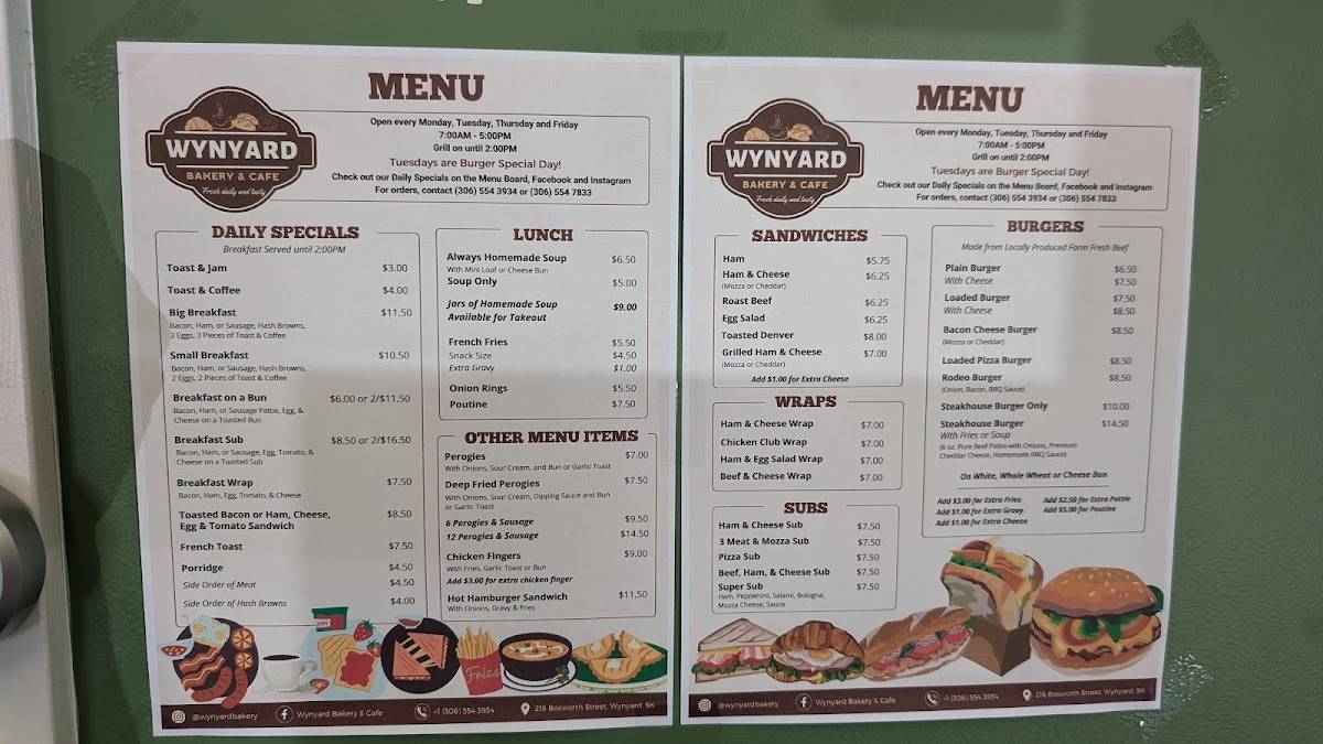 Menu au Wynyard Bakery Cafe, Wynyard