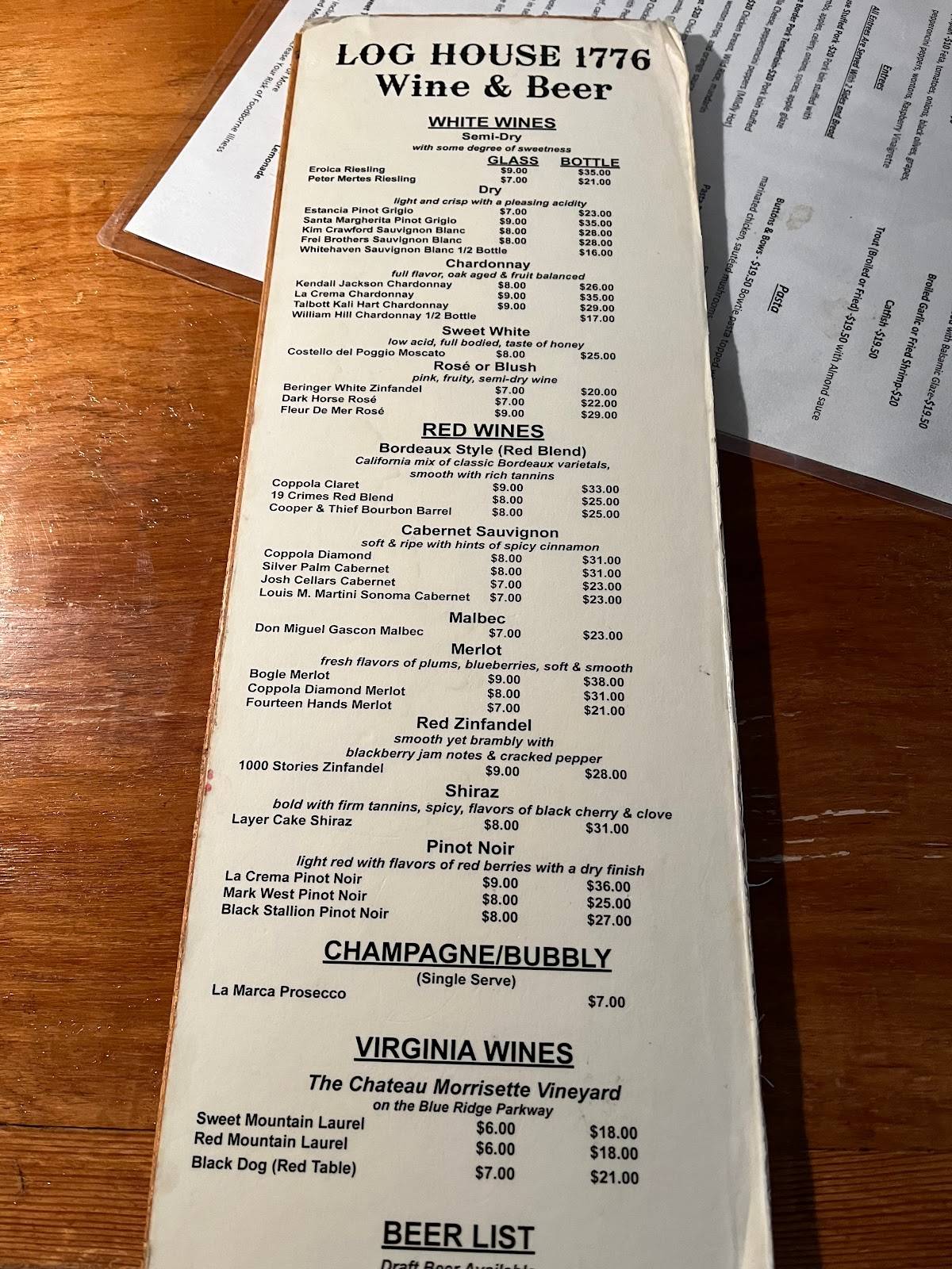 Menu at Log House 1776 Restaurant, Wytheville