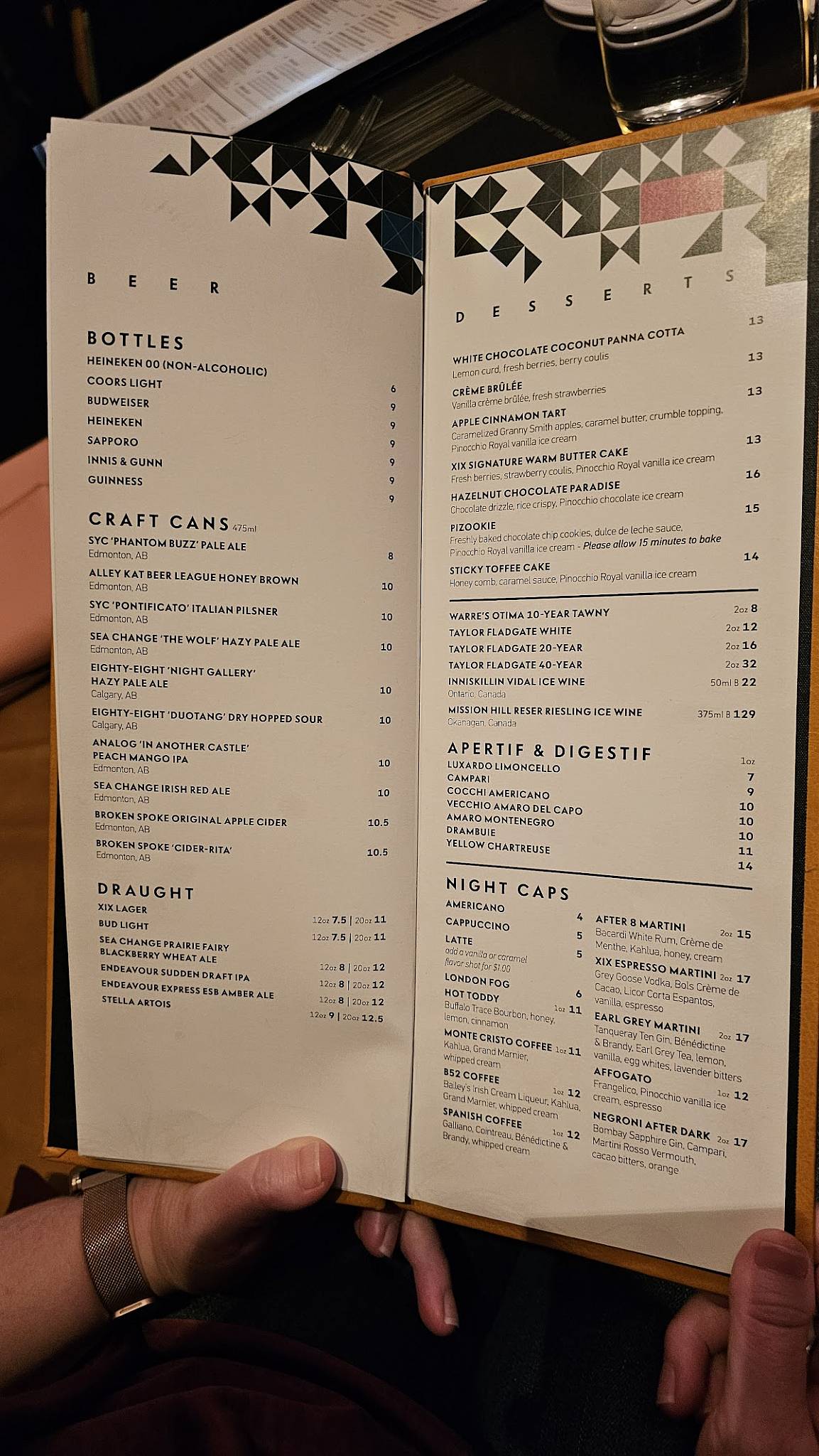 Menu at XIX Nineteen restaurant, Edmonton, Mullen Way