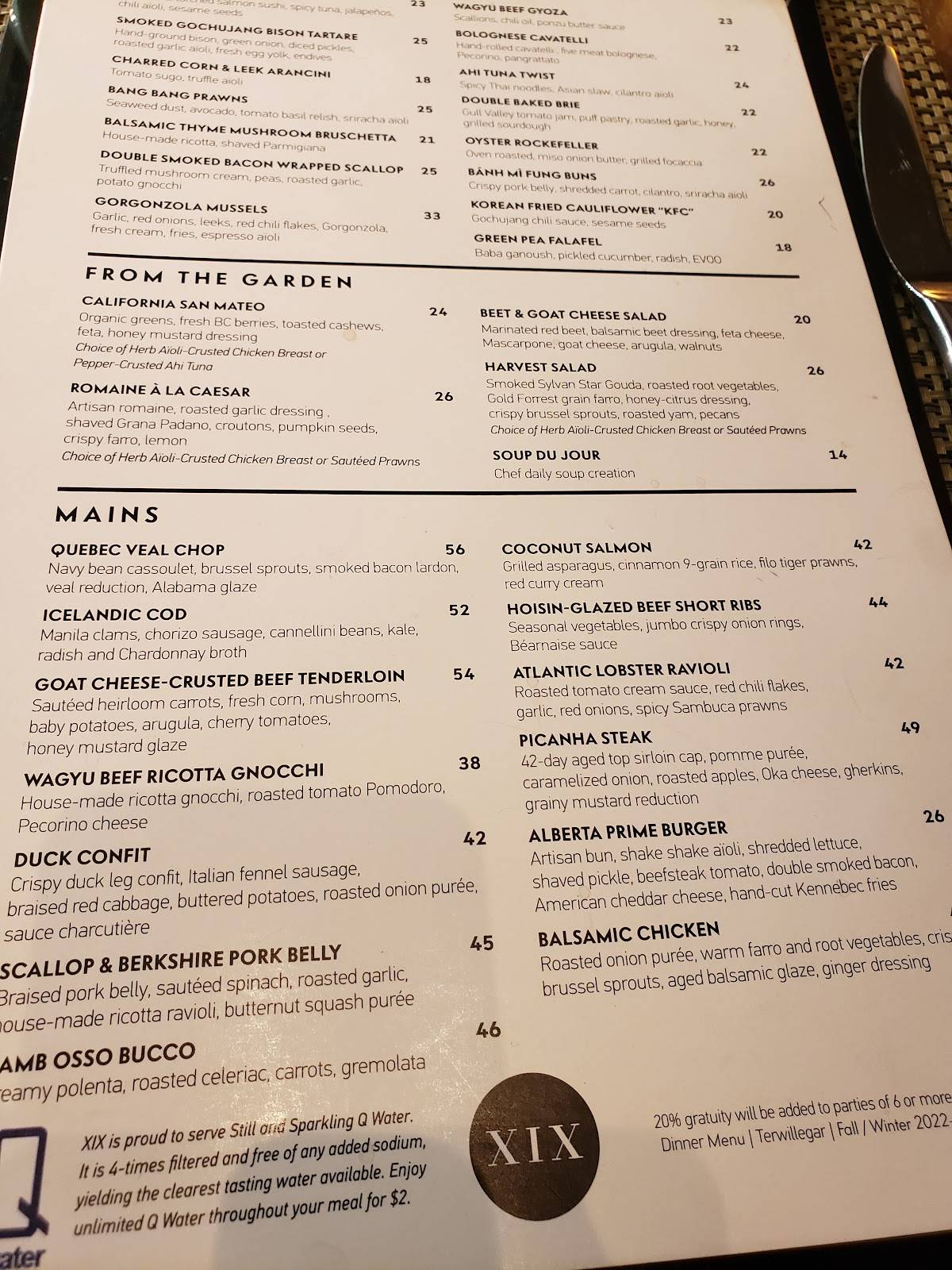 Menu at XIX Nineteen restaurant, Edmonton, Mullen Way