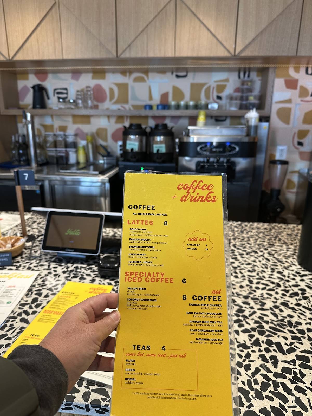 Menu at YELLOW Georgetown cafe, Washington