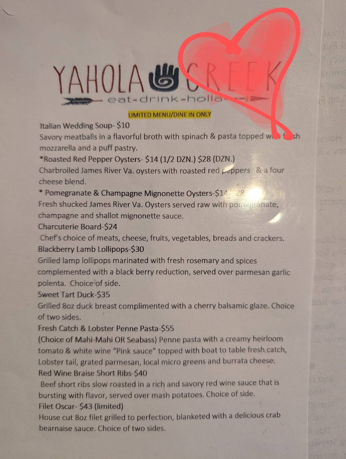 Menu at Yahola Creek Restaurant, Flovilla
