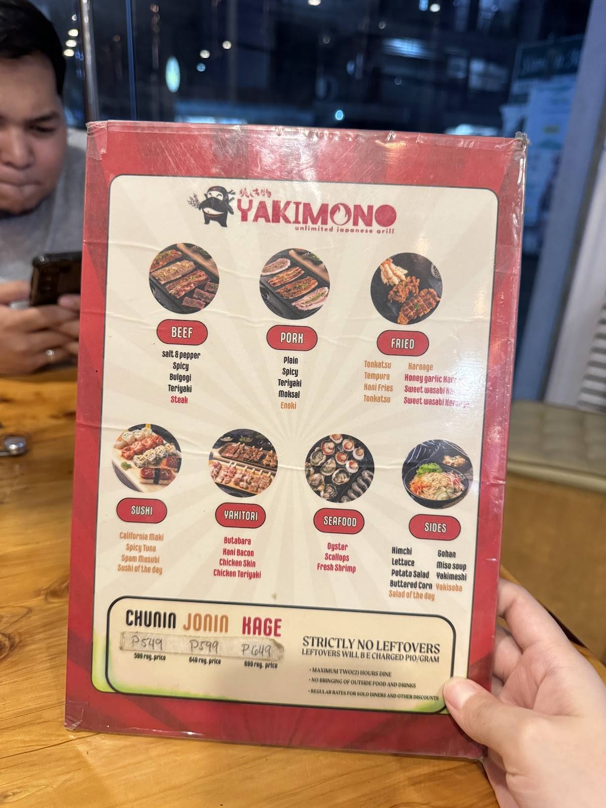 Menu at Yakimono Unlimited Japanese Grill restaurant, Antipolo