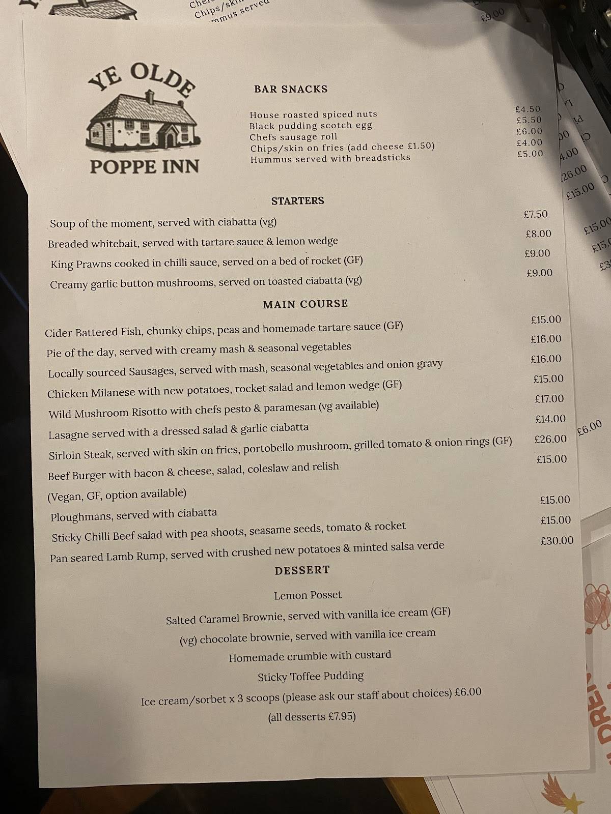 Menu at Ye olde poppe inn pub & bar, Chard