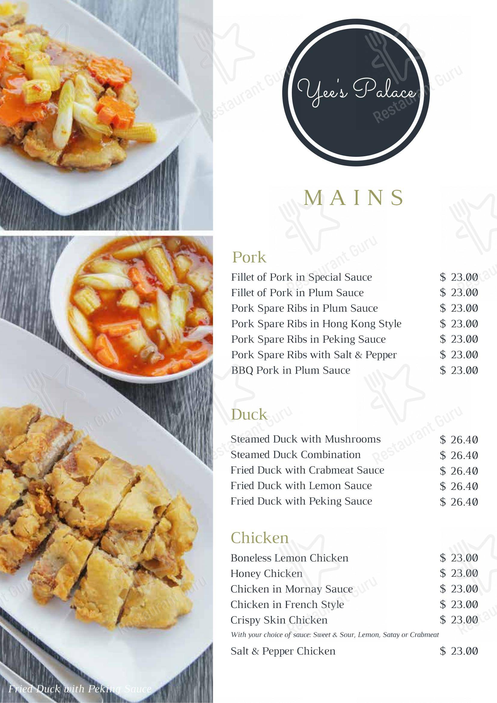 Menu at Yee's Palace Chinese Restaurant, Rouse Hill