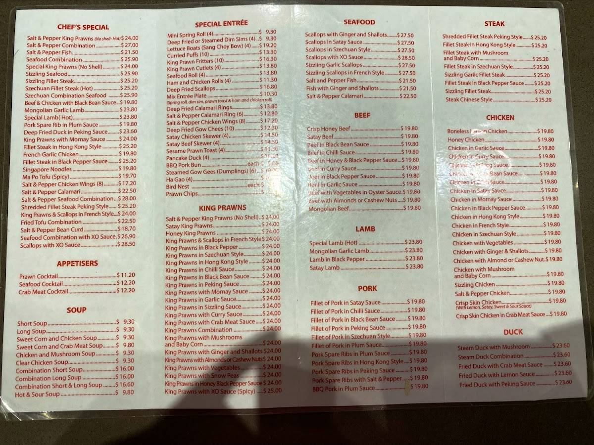 Menu at Yee's Palace Chinese Restaurant, Rouse Hill