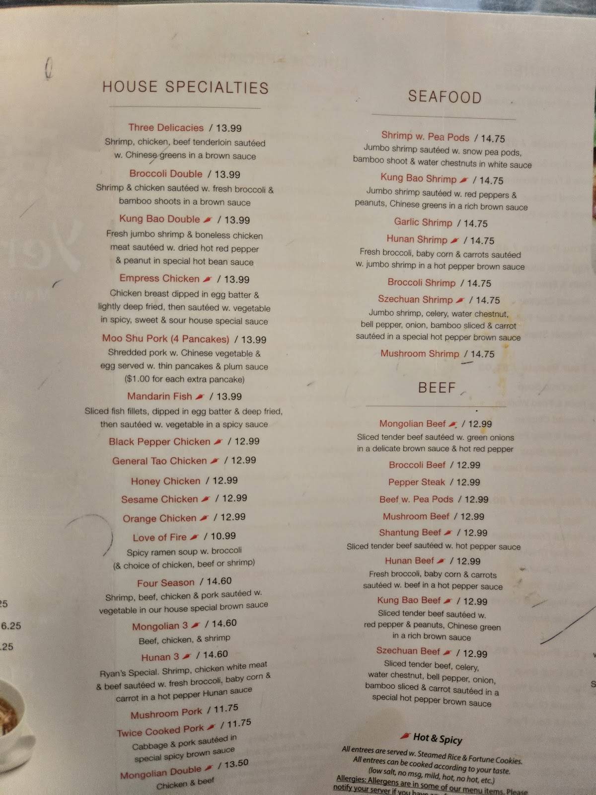 Menu at Yen Ching Mandarin Restaurant, Robinson