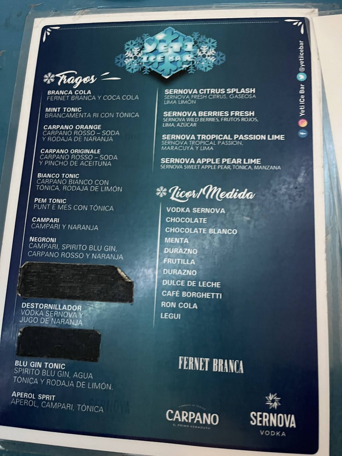 Carta de Yeti Ice Bar, El Calafate