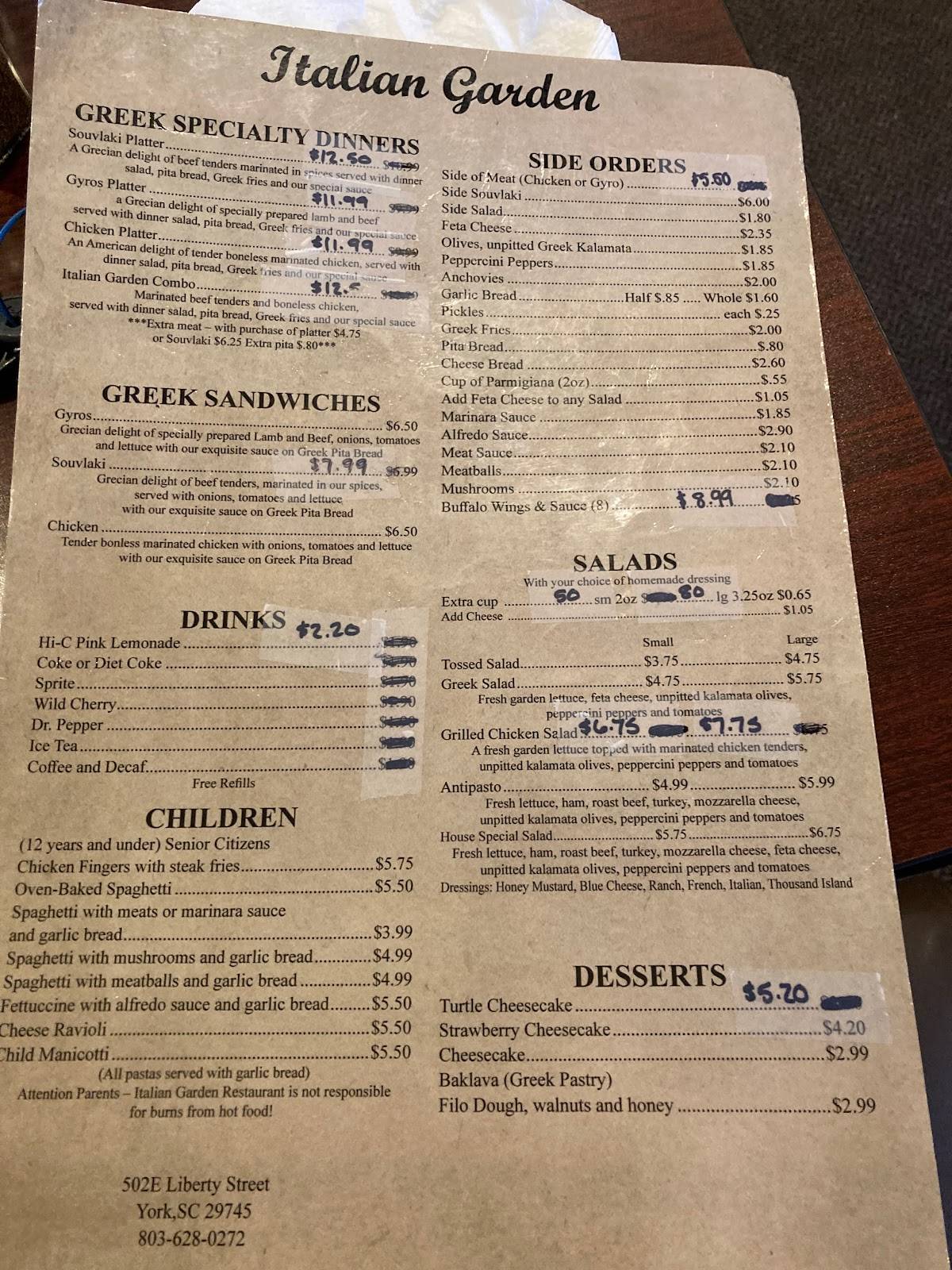 Menu at Italian Garden Restaurant, York