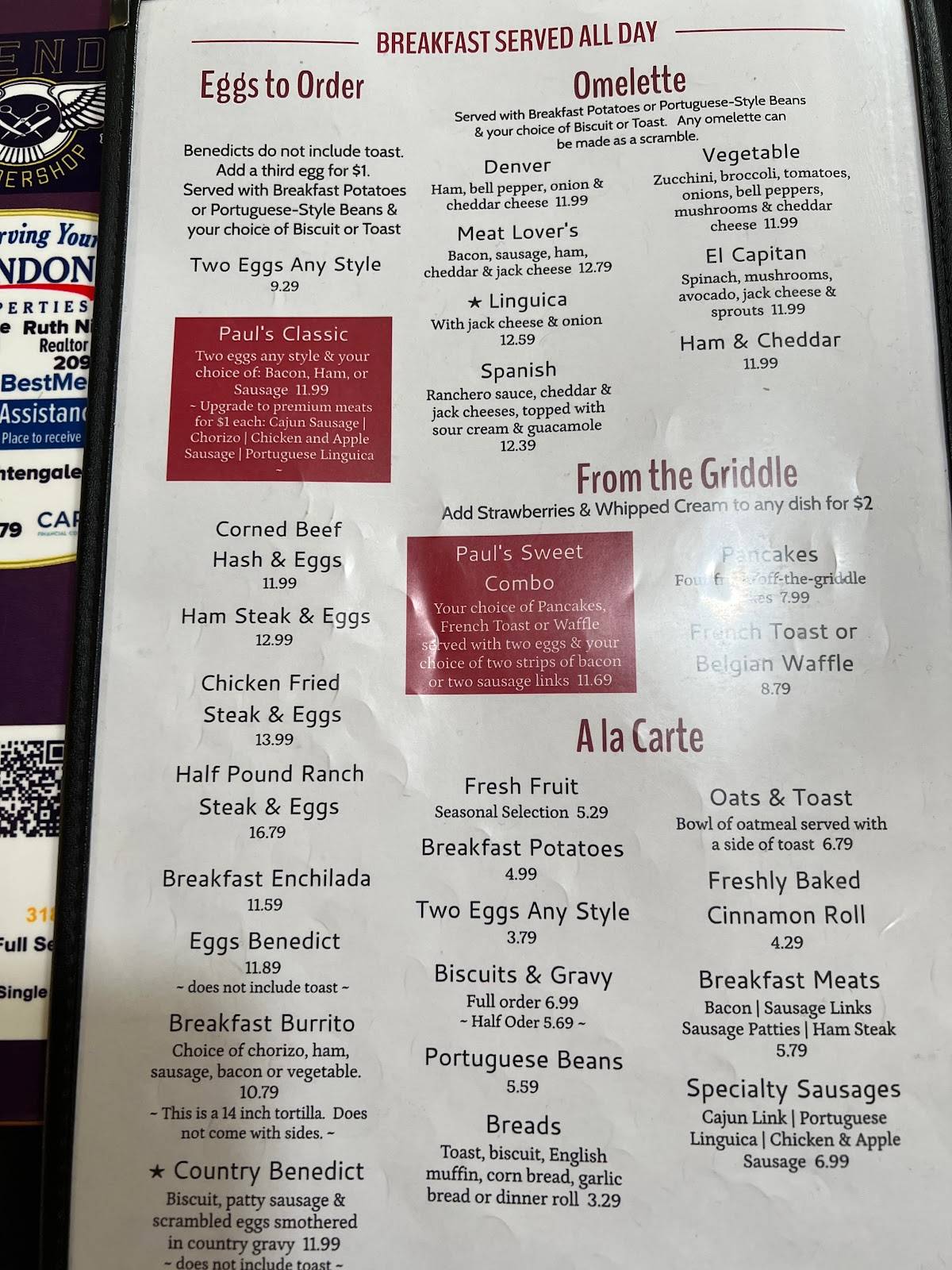 Menu at Yosemite Station restaurant, Merced