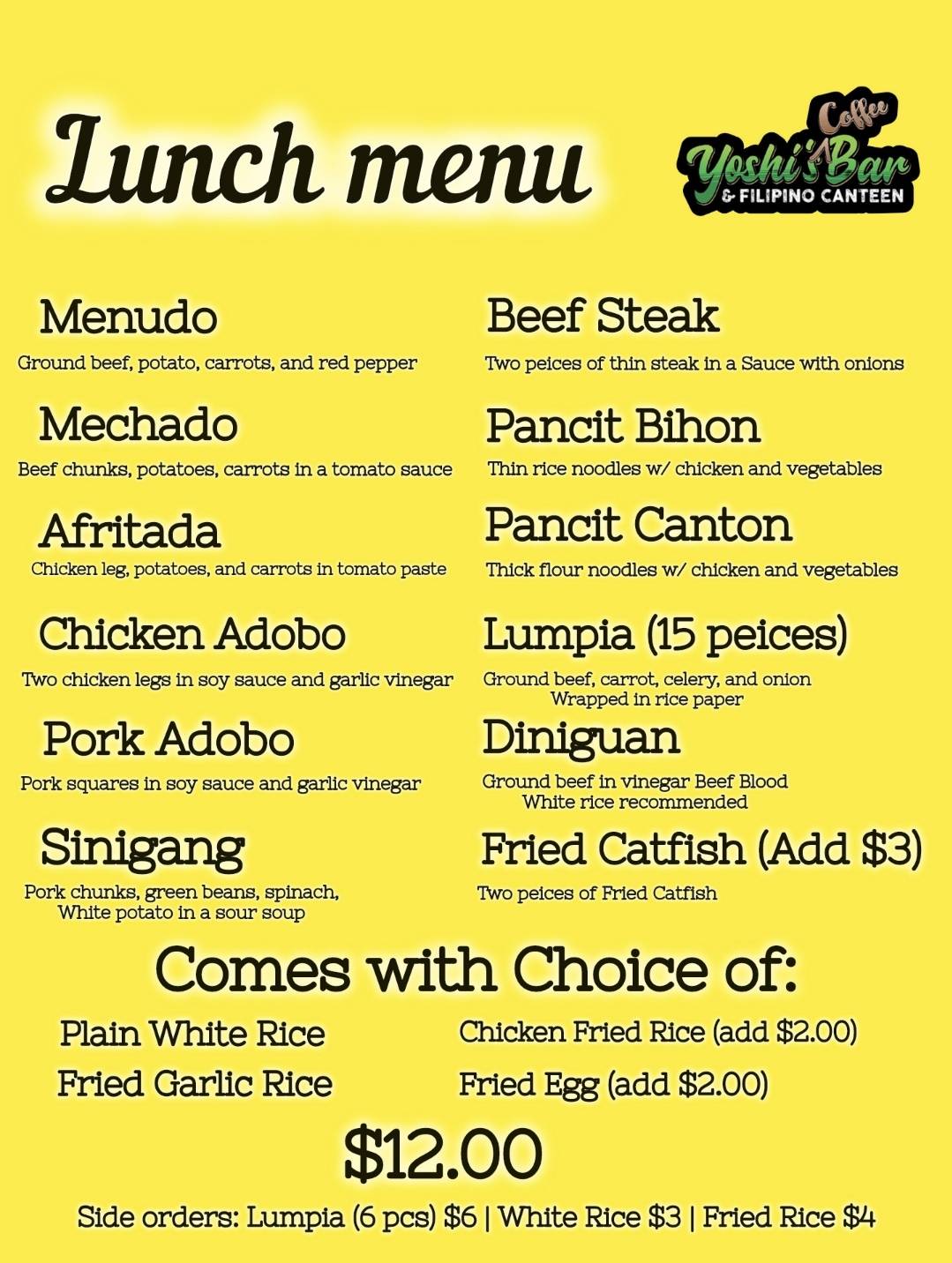 Carta de Yoshi's Coffee Bar & Filipino Canteen, Davenport