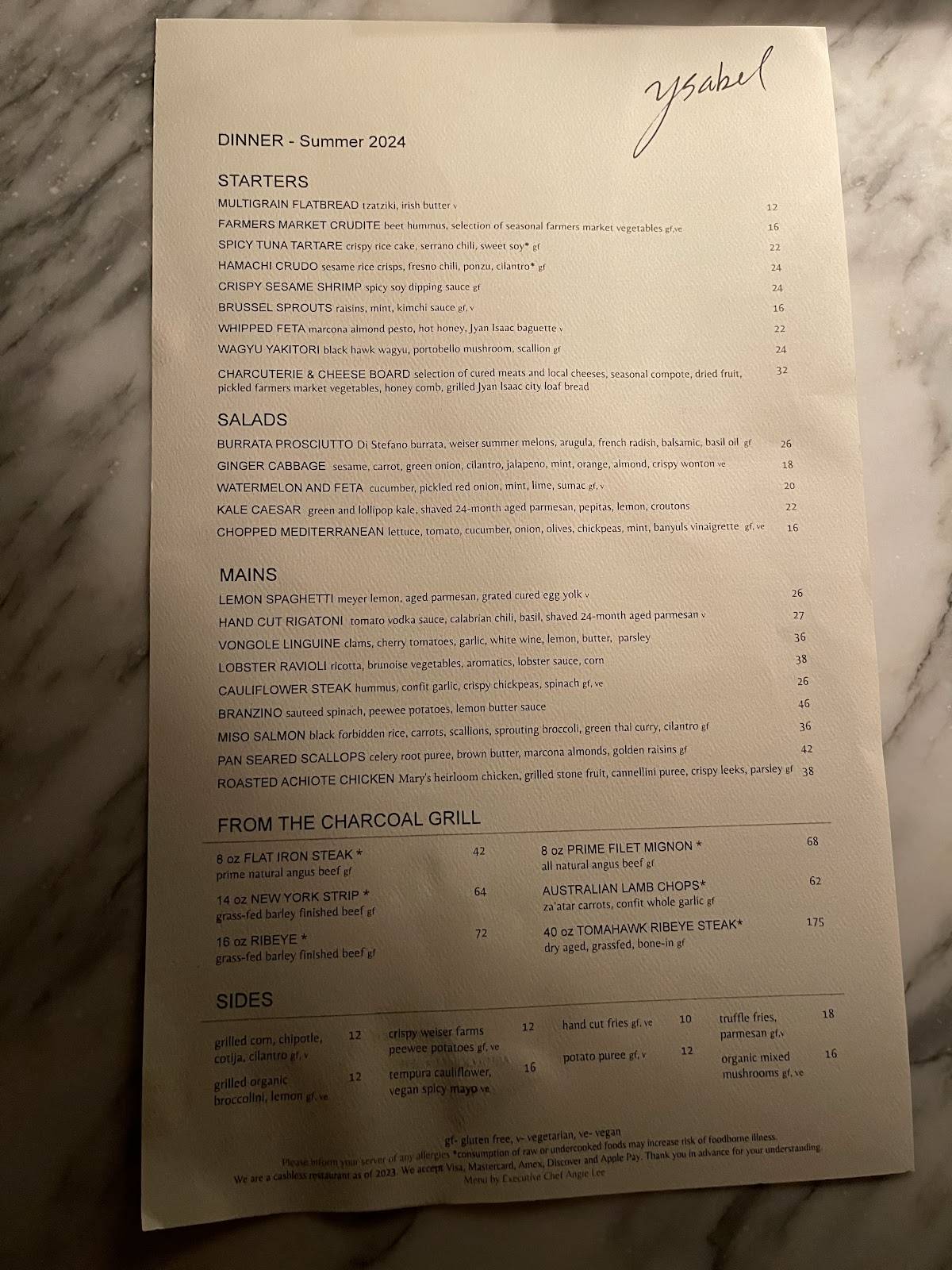 Menu at Ysabel pub & bar, West Hollywood