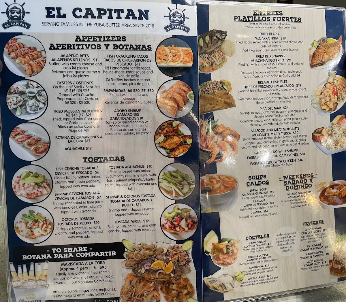 Menu at Mariscos El Capitan restaurant, Yuba City