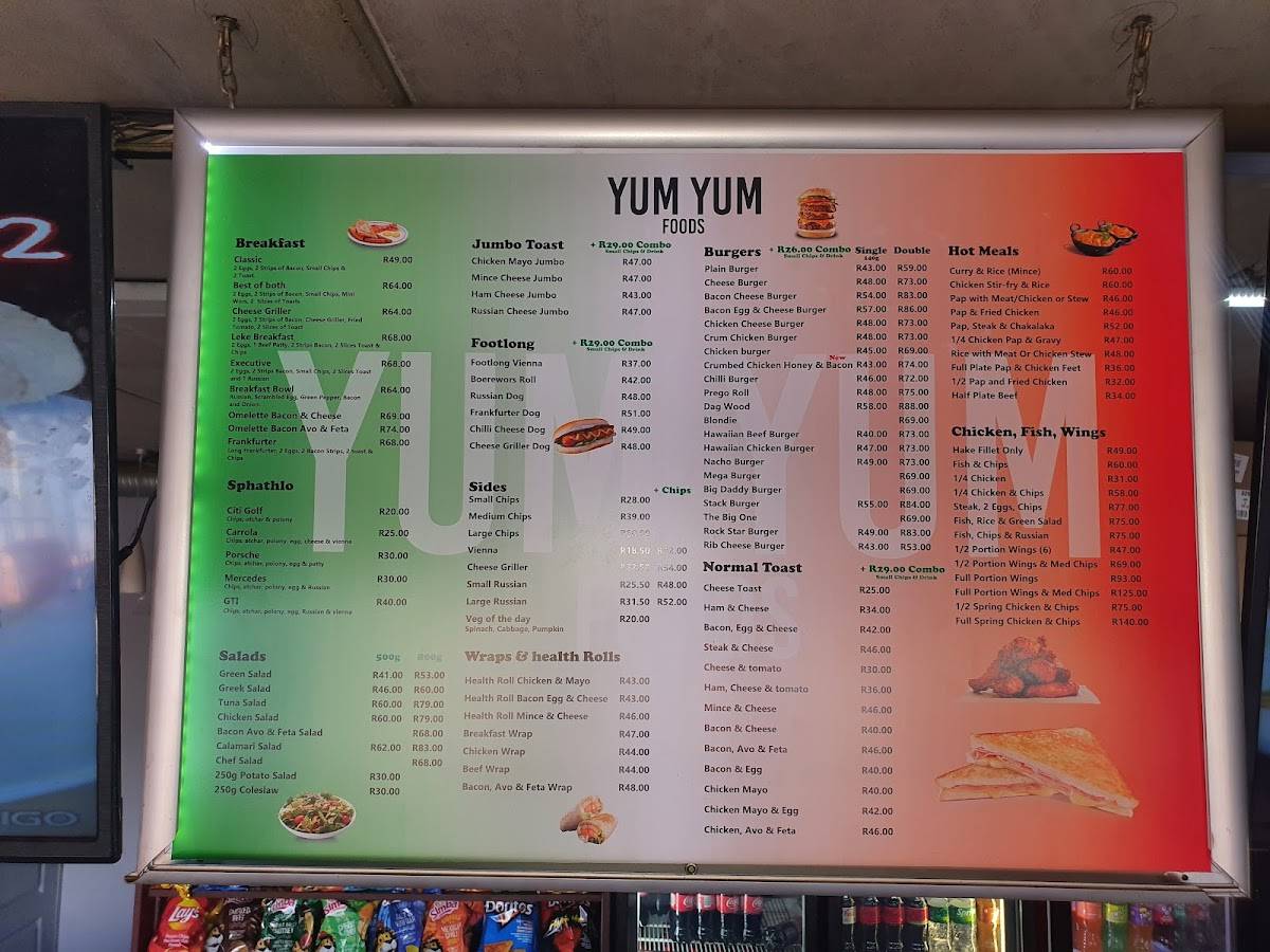 Menu at Yum Yum Foods cafeteria, Pretoria