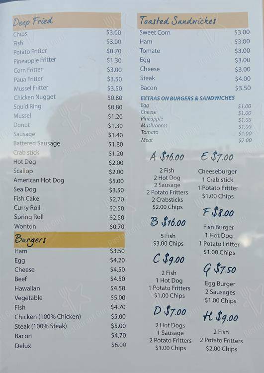 Menu at Yummy Takeaway fast food, Auckland, 145 Unsworth Dr