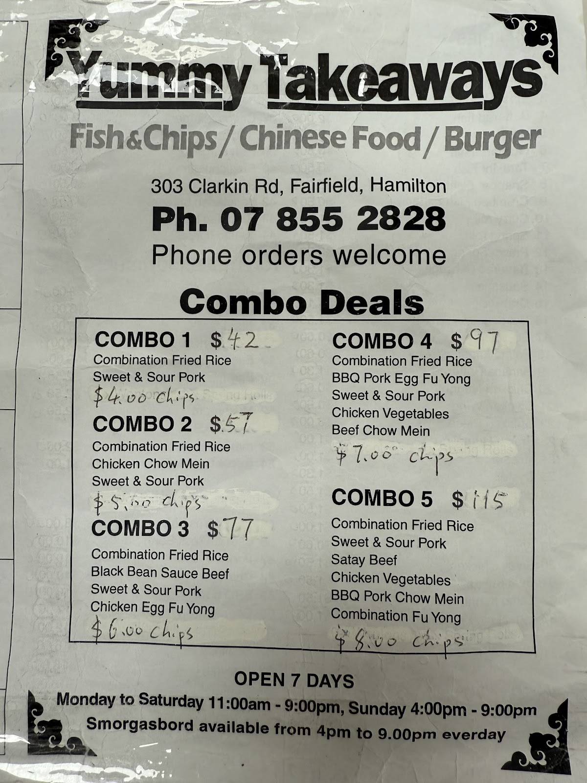 Menu at Yummy Takeaways restaurant, Hamilton