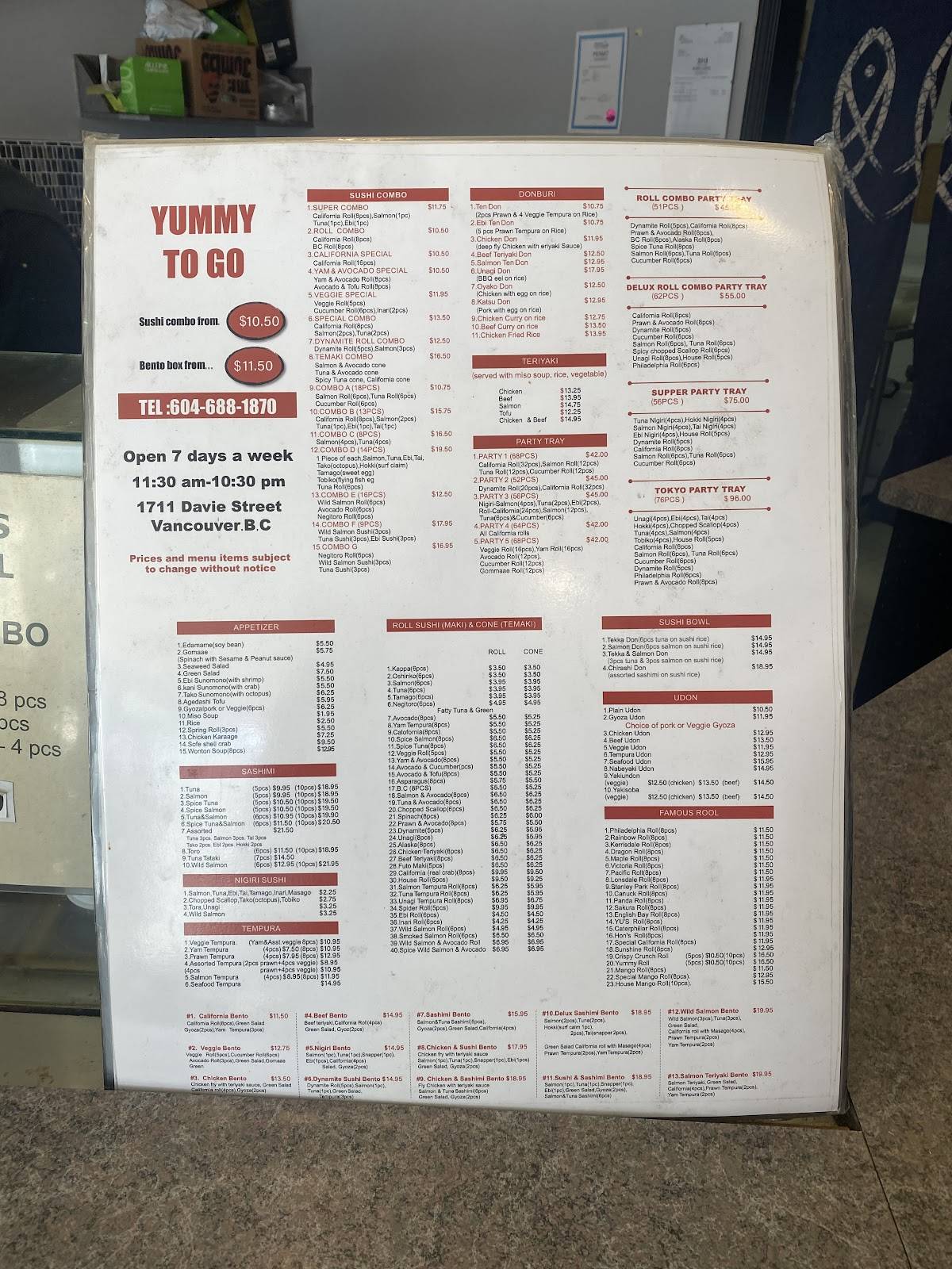 Menu at Yummy To Go restaurant, Vancouver