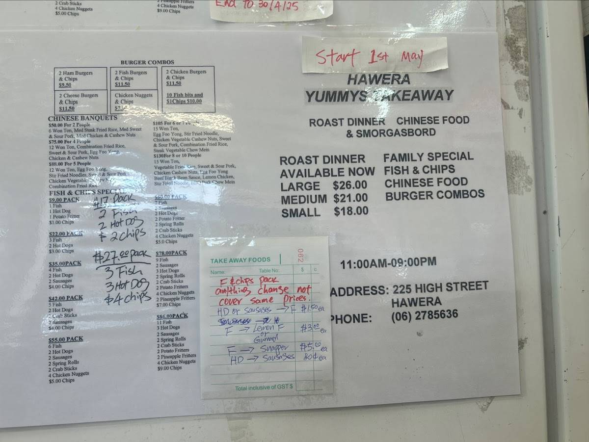 Menu at Yummy's Takeaways restaurant, Hawera
