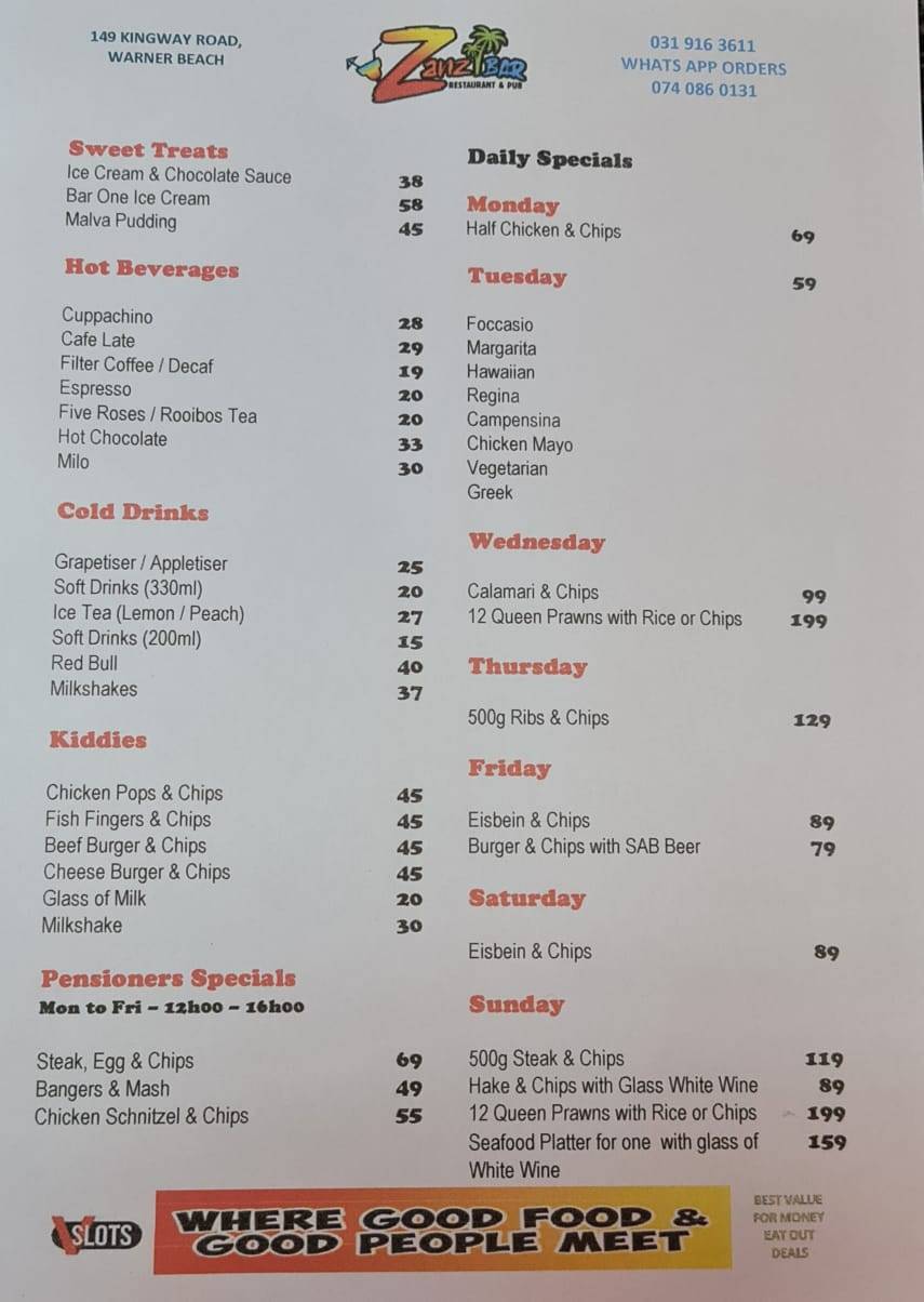 Menu at Zanzibar, Amanzimtoti