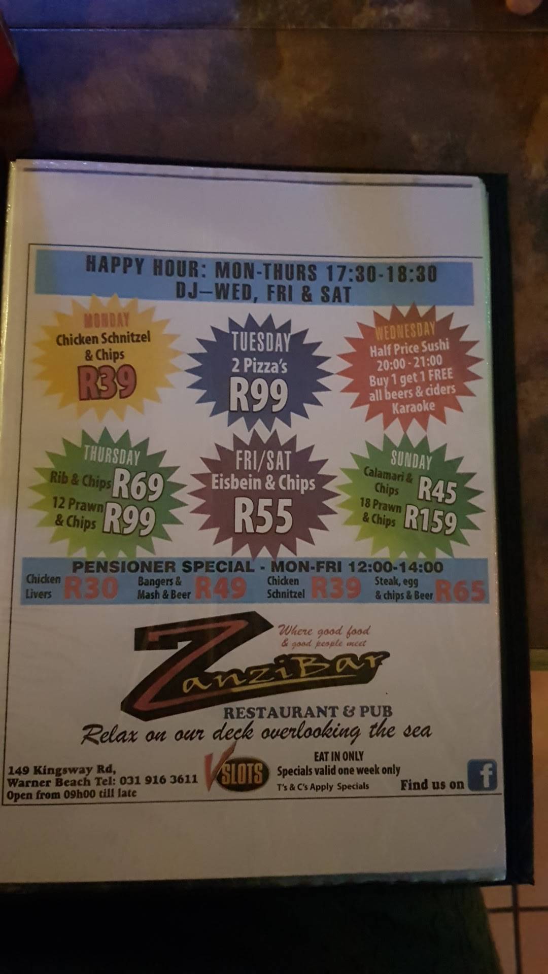 Menu at ZANZIBAR RESTAURANT COCKTAIL & SUSHIBAR, Amanzimtoti