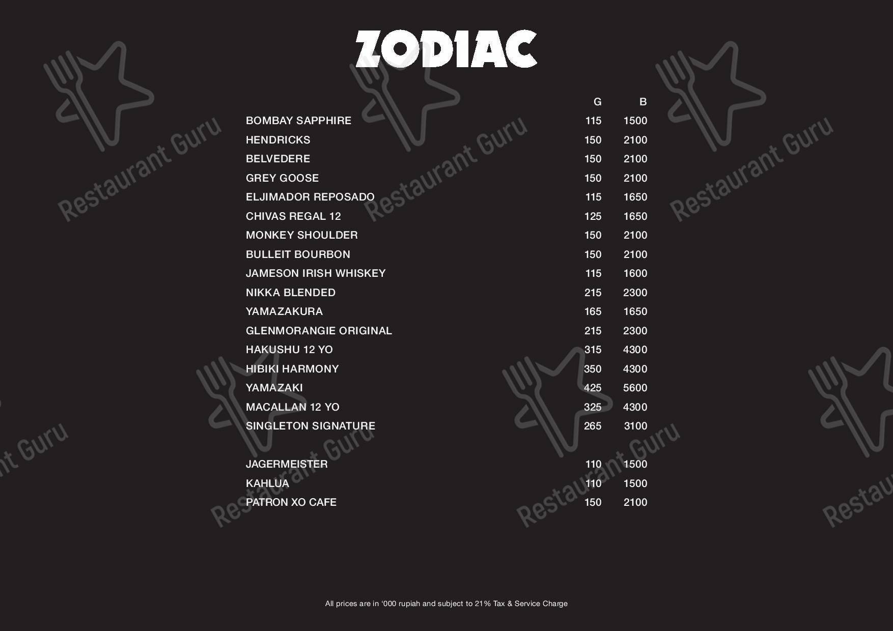 Menu at ZODIAC club, South Jakarta