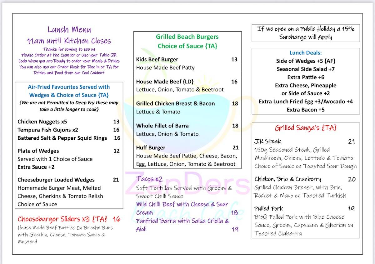 Menu at ZanDers Beach Cafe, Port Douglas