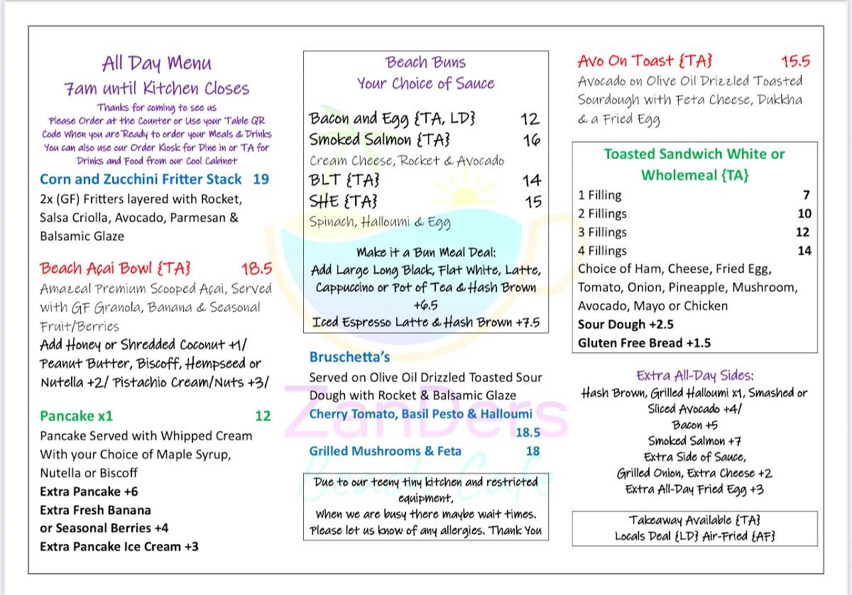Menu at ZanDers Beach Cafe, Port Douglas